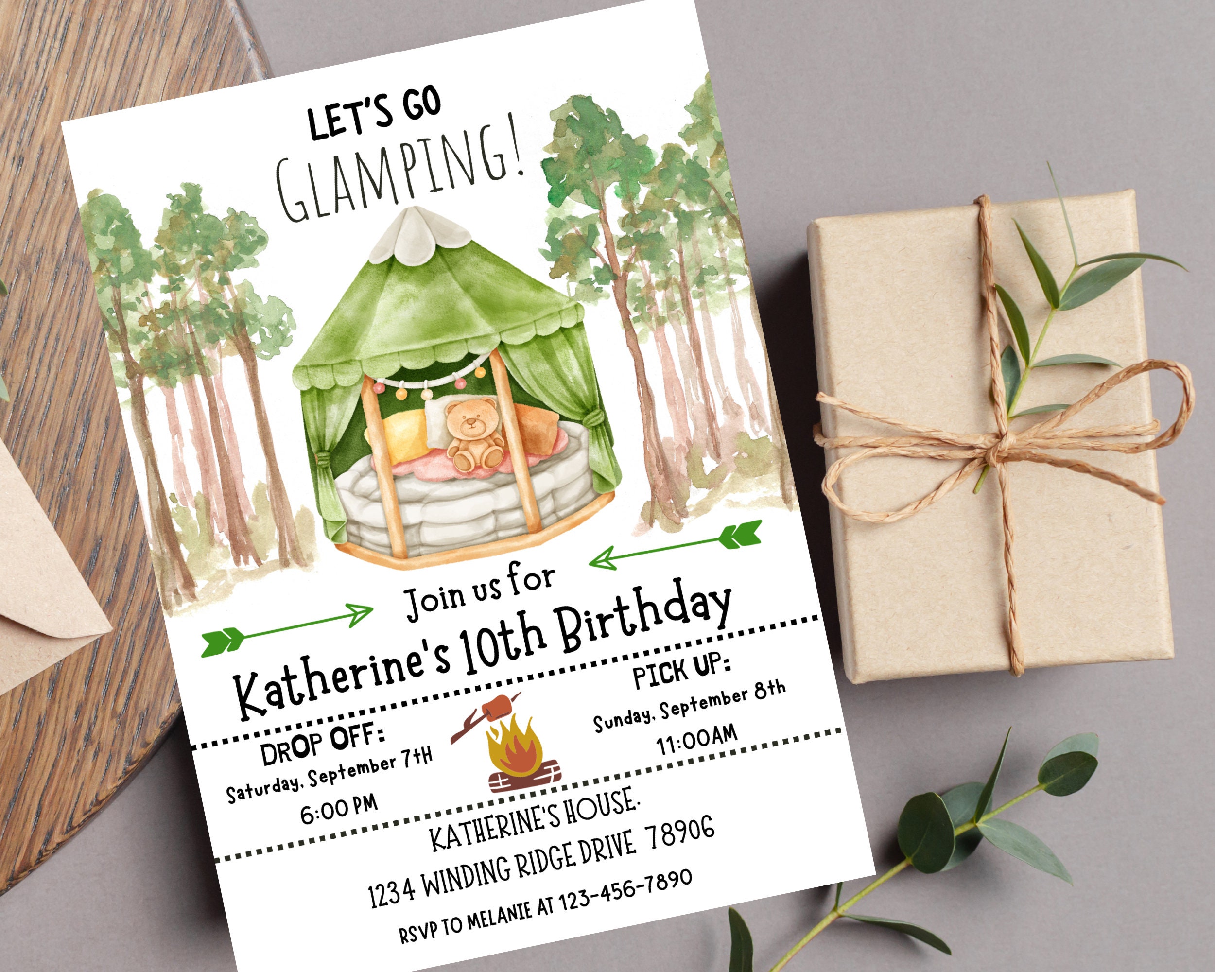 Girl Camping Glamping Invitation Editable Birthday Invite Sleepover ...