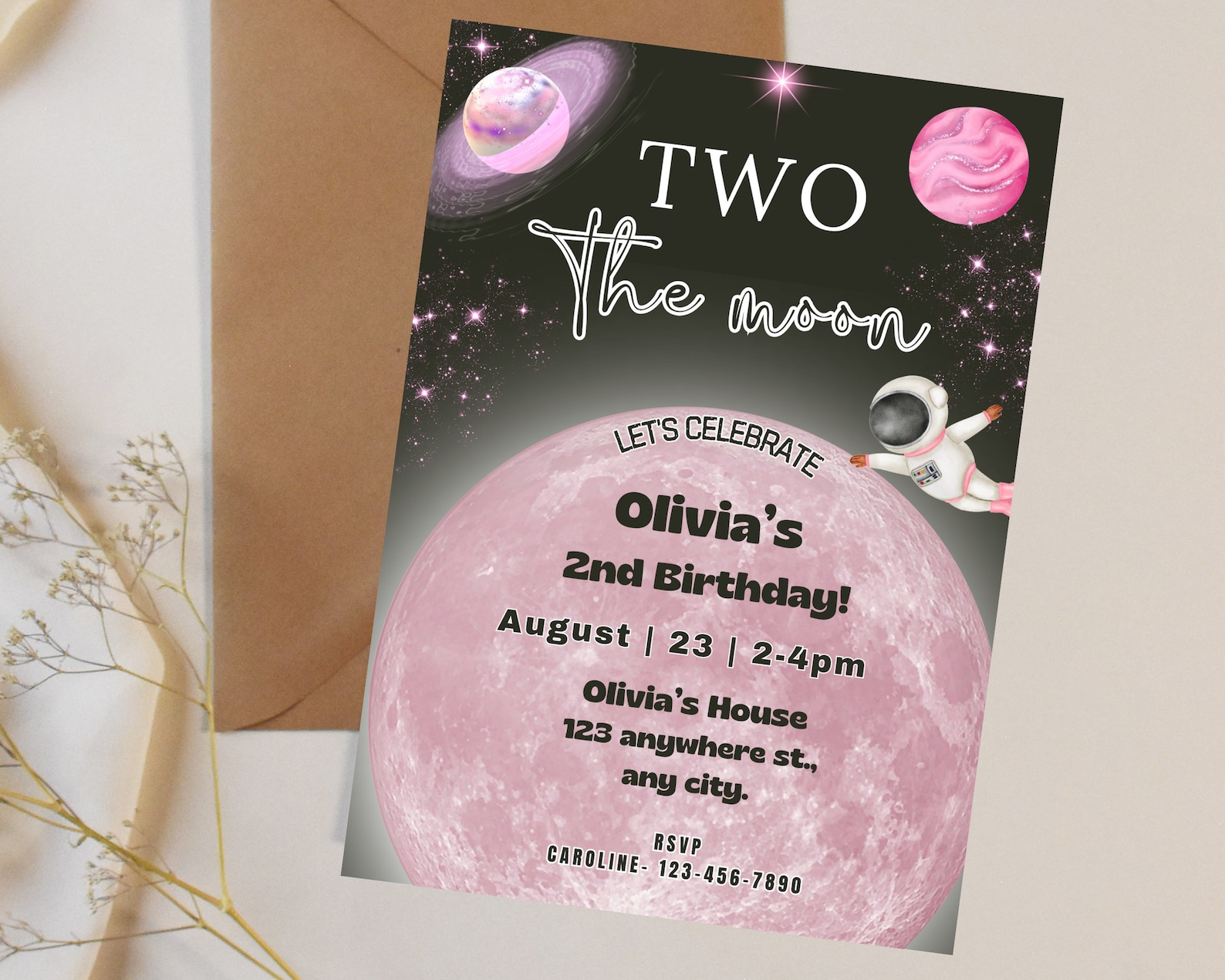 Editable Girl Two the Moon Birthday Party Invitation Card Template ...