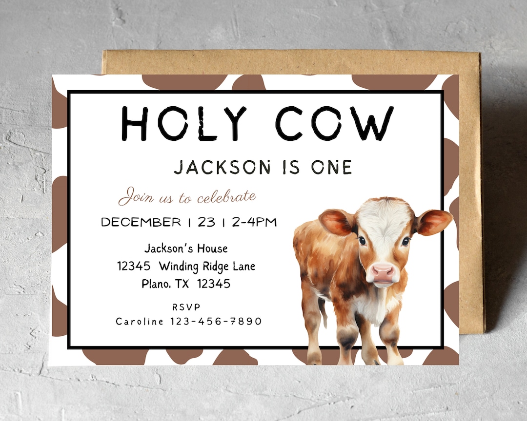 Holy Cow Birthday Party Invitation, Editable Holy Cow I'm One B'day ...