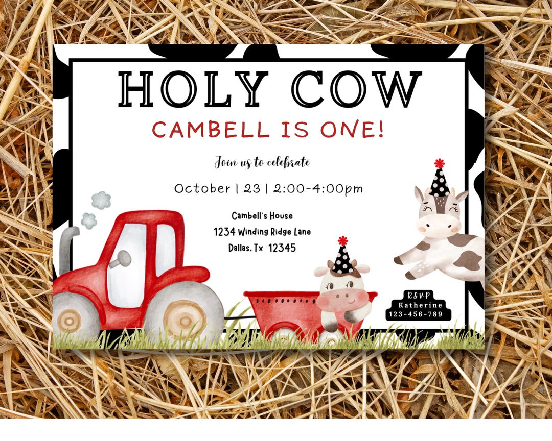 Holy Cow Birthday Party Invitation, Editable Holy Cow I'm One B'day ...