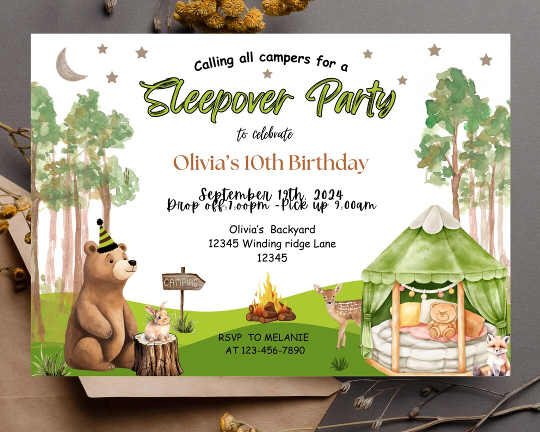 Girl Camping Glamping Invitation Editable Birthday Invite Sleepover ...