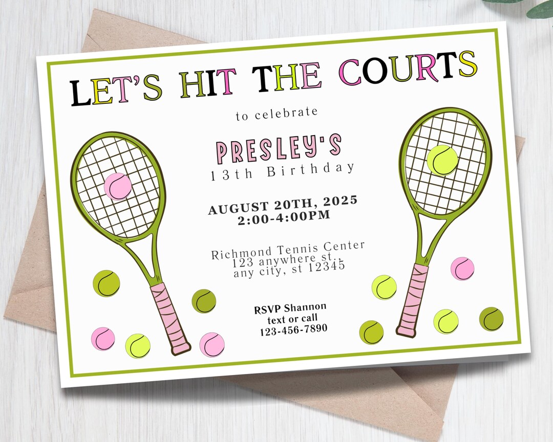Tennis Birthday Invitation Editable Let's Hit the Court Tennis Invite ...