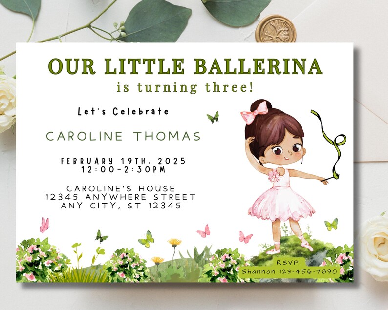 Ballerina Birthday Invitation, Ballerina Birthday Invite, Floral ...