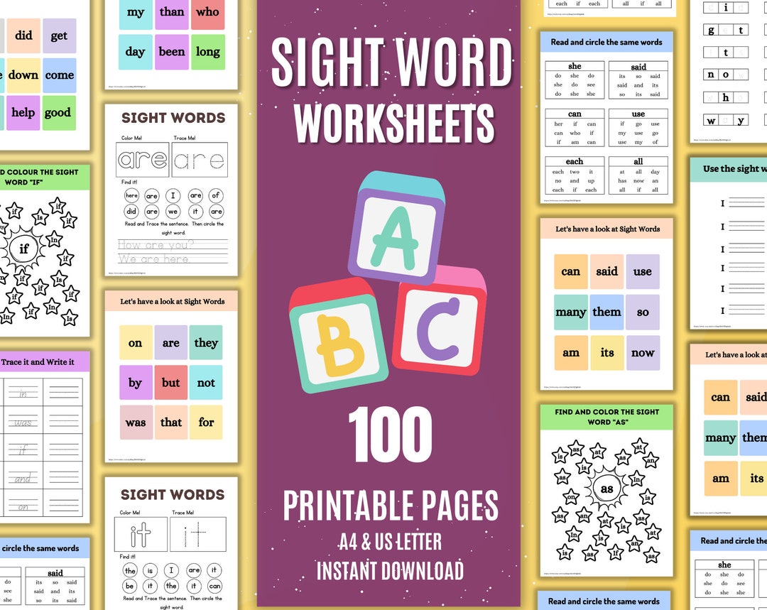 100 Printable Colored Sight Words Worksheets Kinder Activity - Etsy