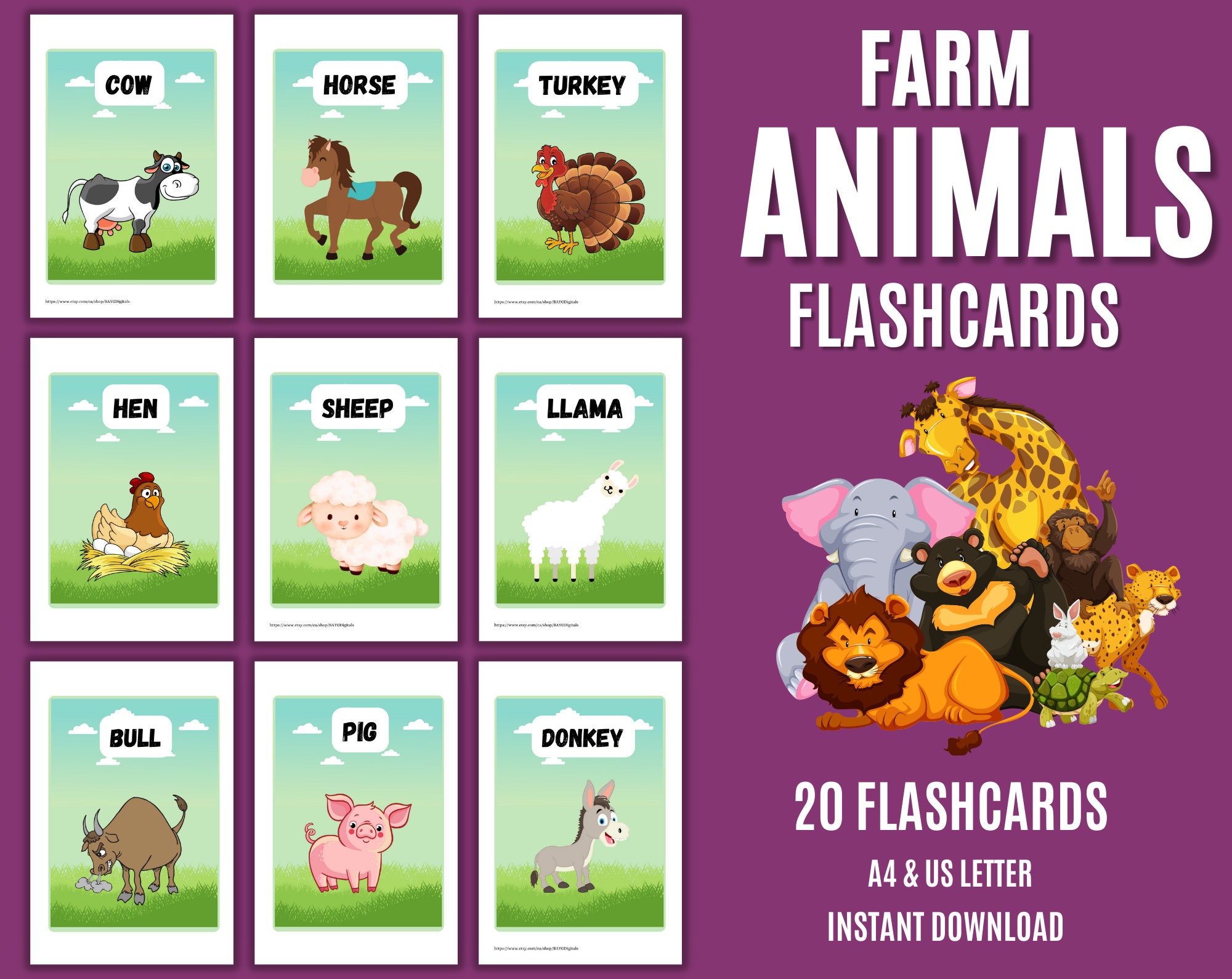 20 Farm Animals Flash Cards Pre-school Cards Flashcards - Etsy