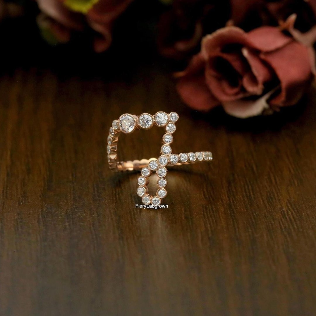 Bezel Set Round Brilliant Cut CVD Diamond Letter J Ring | Diamond Full ...