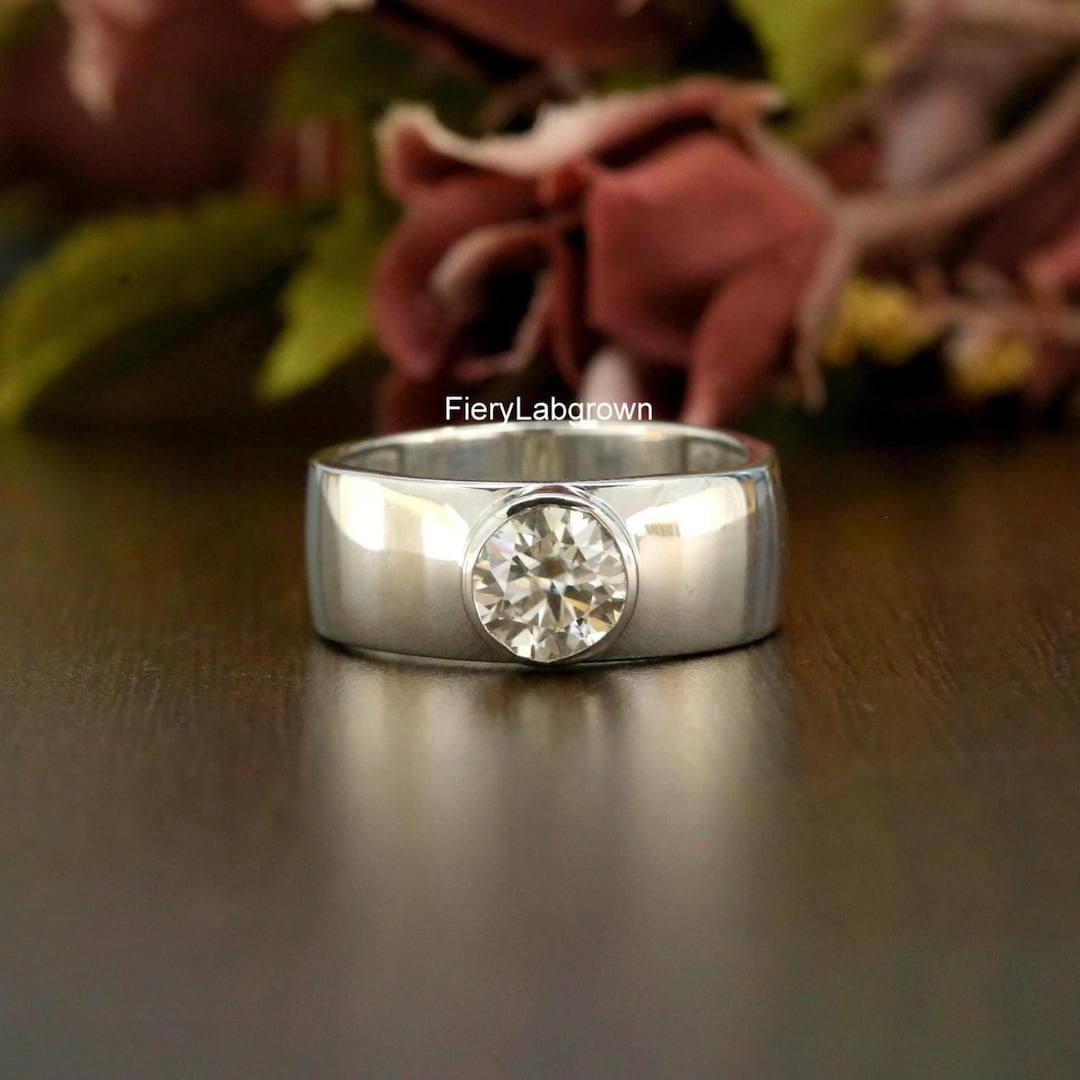 Bezel Set Wedding Ring | 8 MM Round Cut Lab Grown Diamond Ring | Wide ...