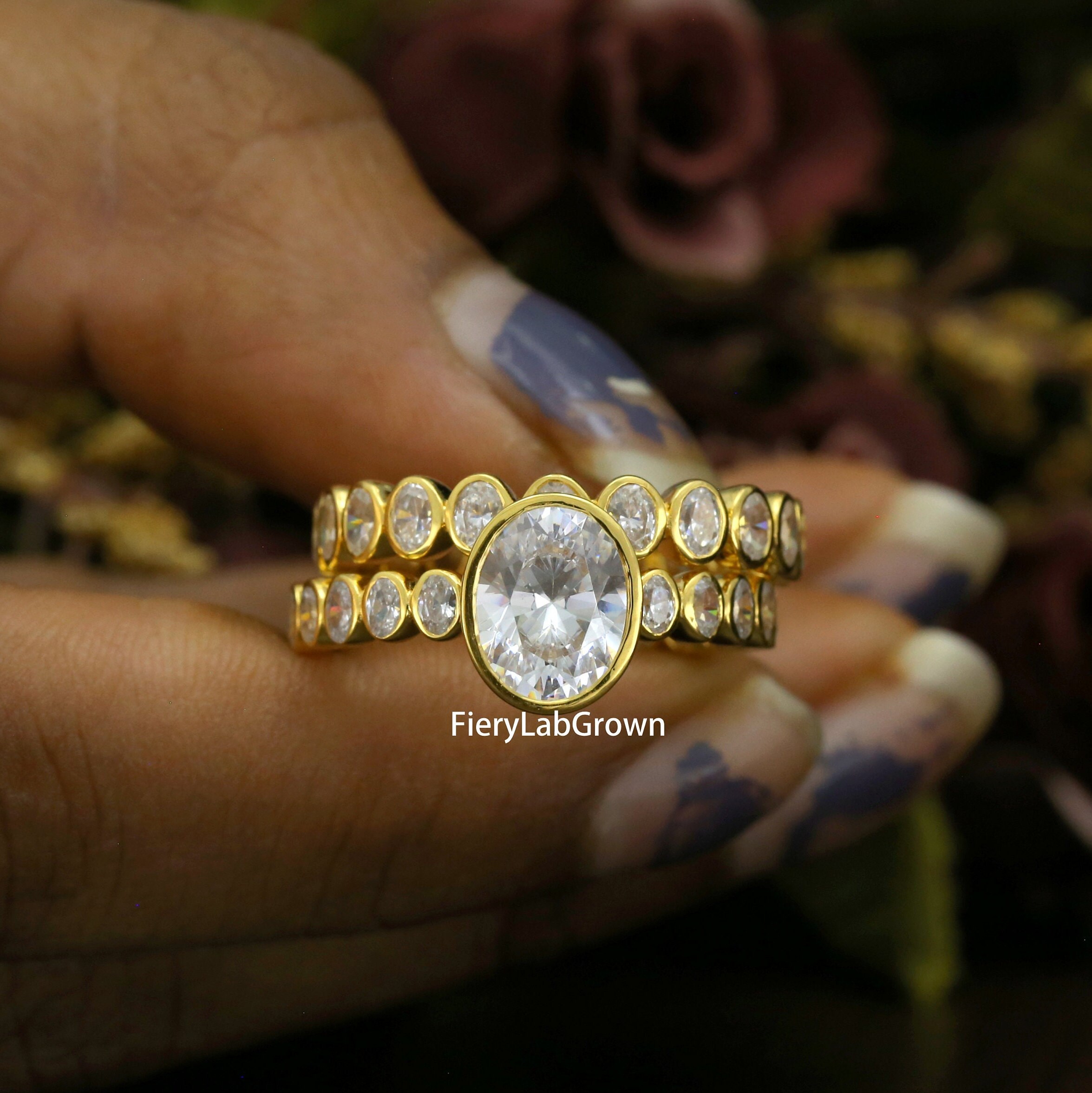 Buy Bridal Ring Set With Bubble Bezel Pave and Band 9X7 Mm Oval Cut Lab ...