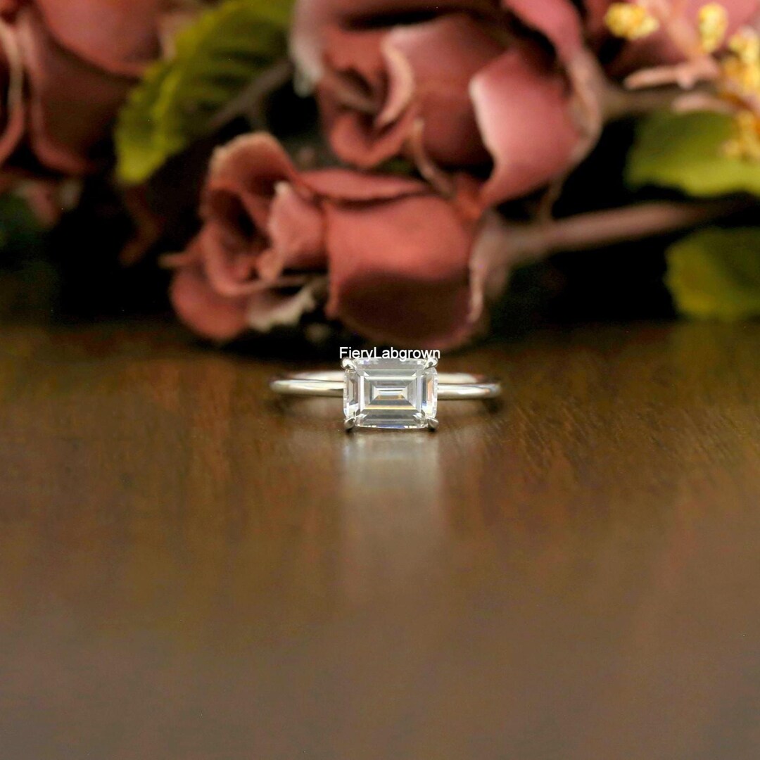 Marvelous Horizontal Solitaire Diamond Ring | 8x6 MM Emerald Cut Eco ...