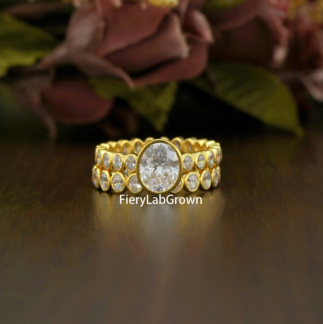 Buy Bridal Ring Set With Bubble Bezel Pave and Band 9X7 Mm Oval Cut Lab ...