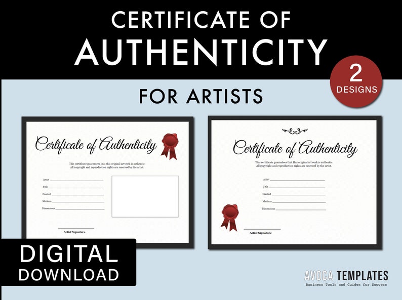 Certificate of Authenticity for Artists. Editable. Printable. 2 ...