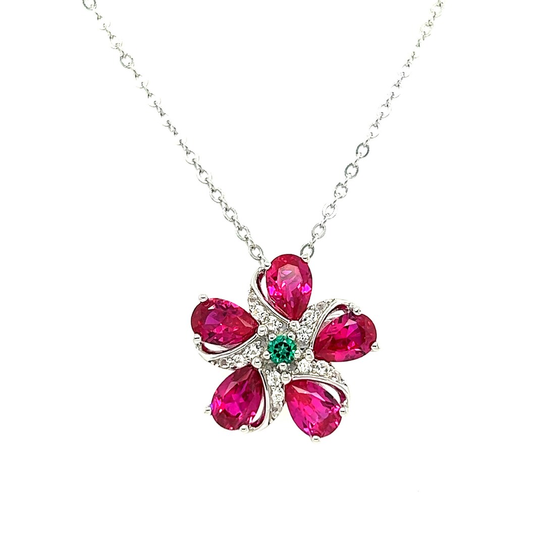 Gemstone Flower Necklace in 925 Sterling Silver, Ruby Flower Pendant ...