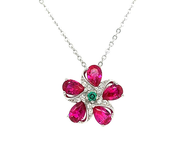 Gemstone Flower Necklace in 925 Sterling Silver, Ruby Flower Pendant for Women, Floral ...