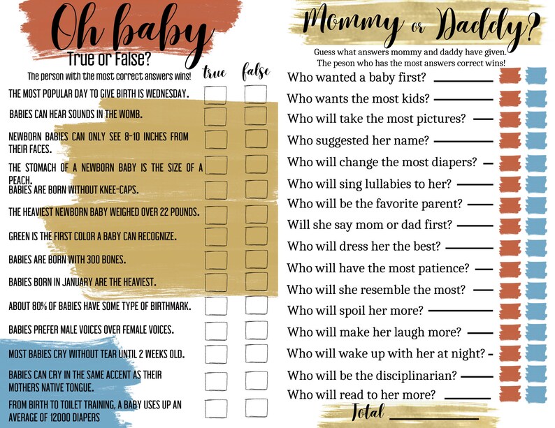Baby Shower Games, Baby Shower, Mommy or Daddy Game, Baby Wishes, Oh ...