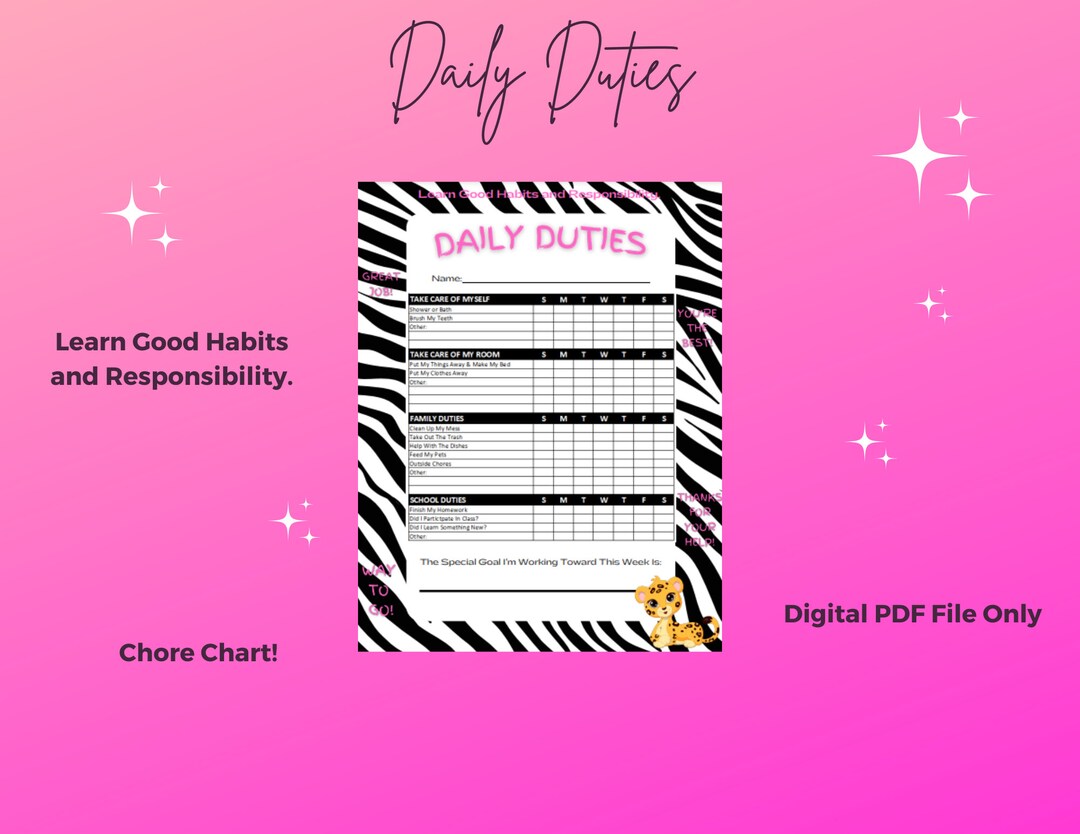 Daily Duties Chore Chart Printable - Zebra - Etsy