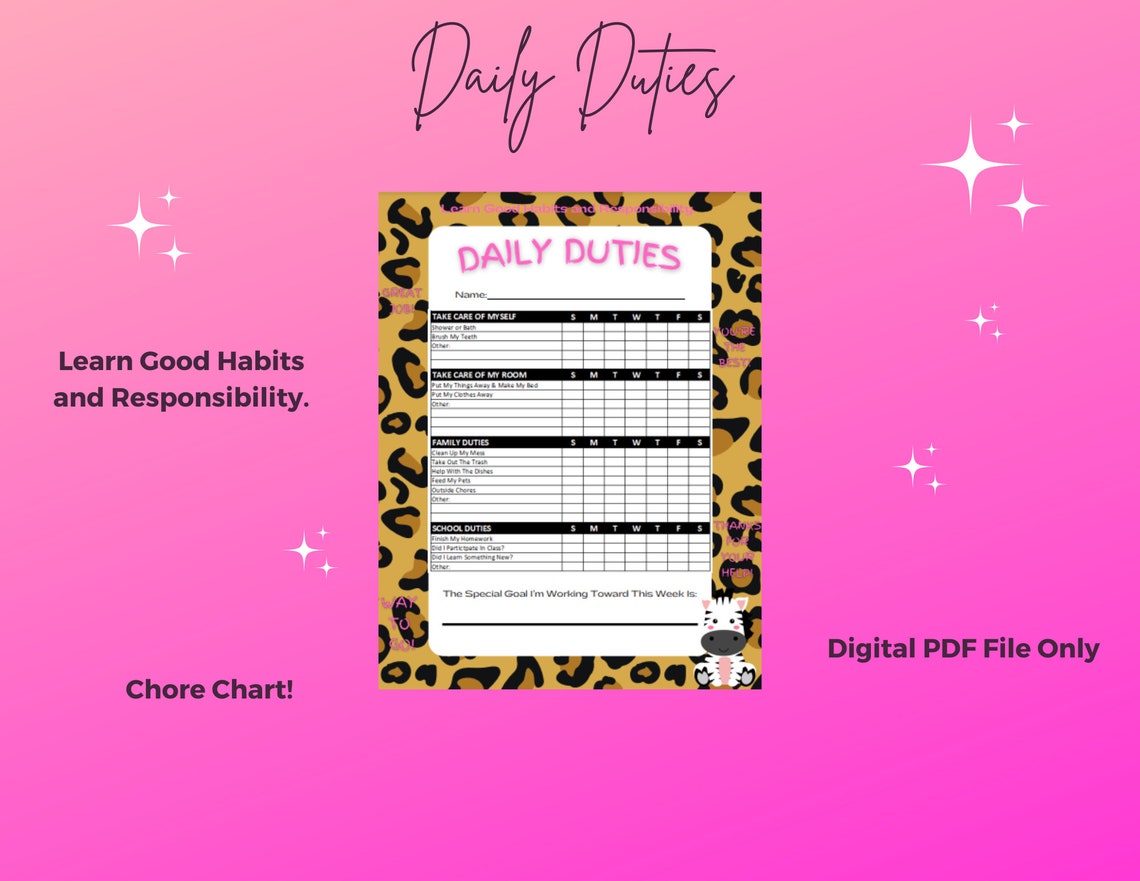 Daily Duties Chore Chart Printable - Cheetah - Etsy