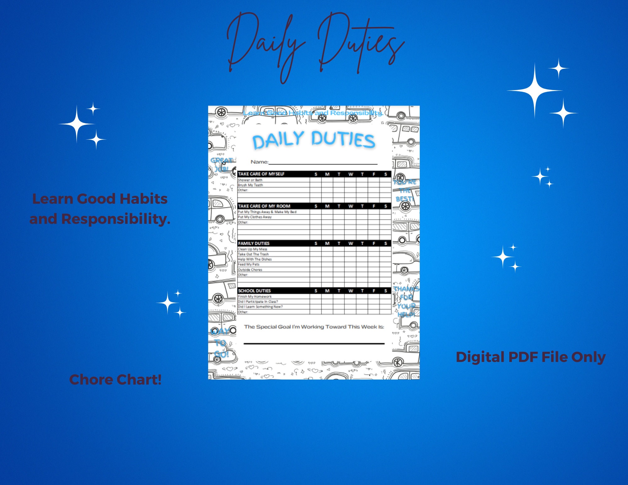 Daily Duties Chore Chart Printable - Cars - Etsy