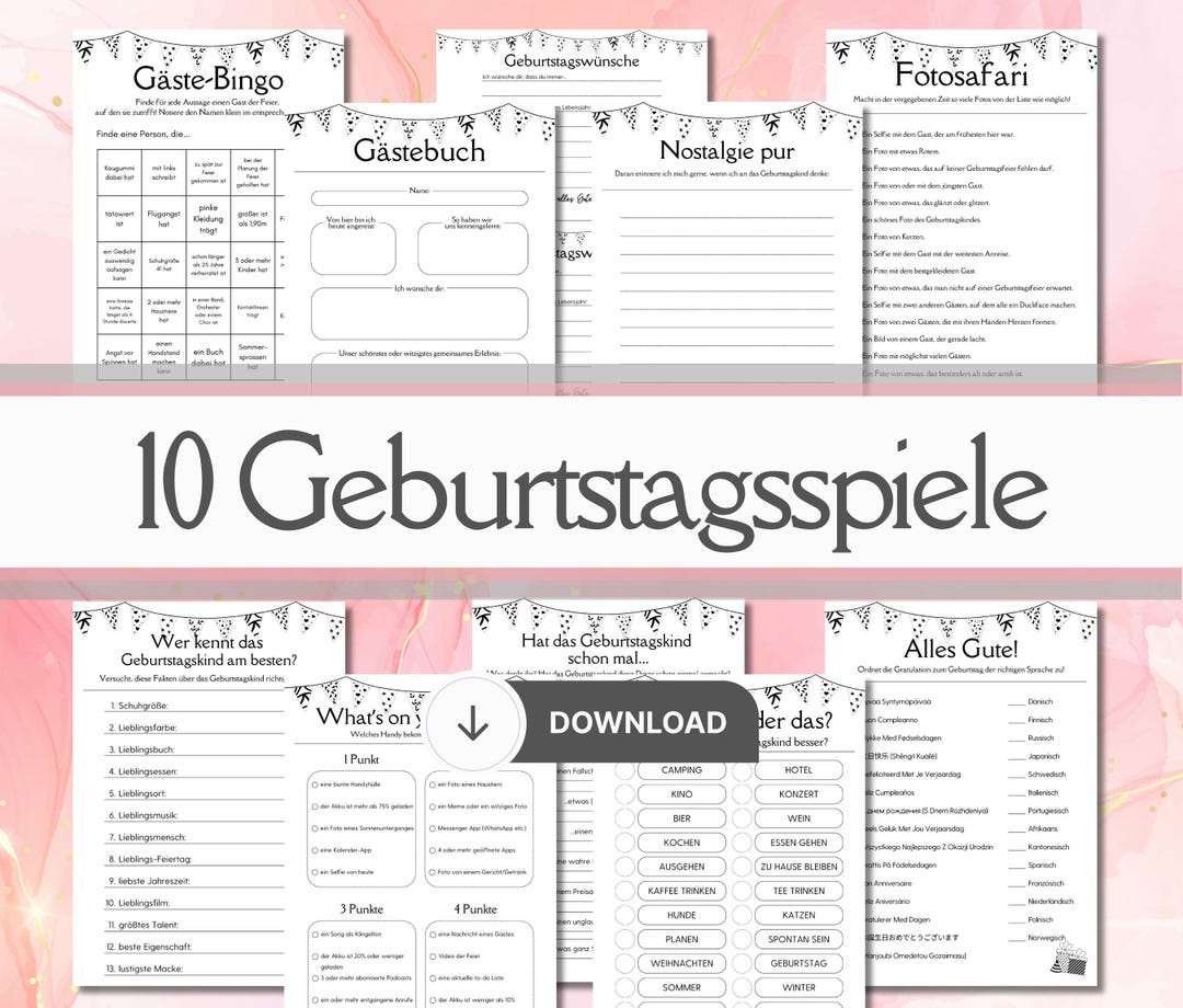 Geburtstagsspiele Set zum Ausdrucken, Partyspiele für erwachsene Gerburtstagskinder Download ...