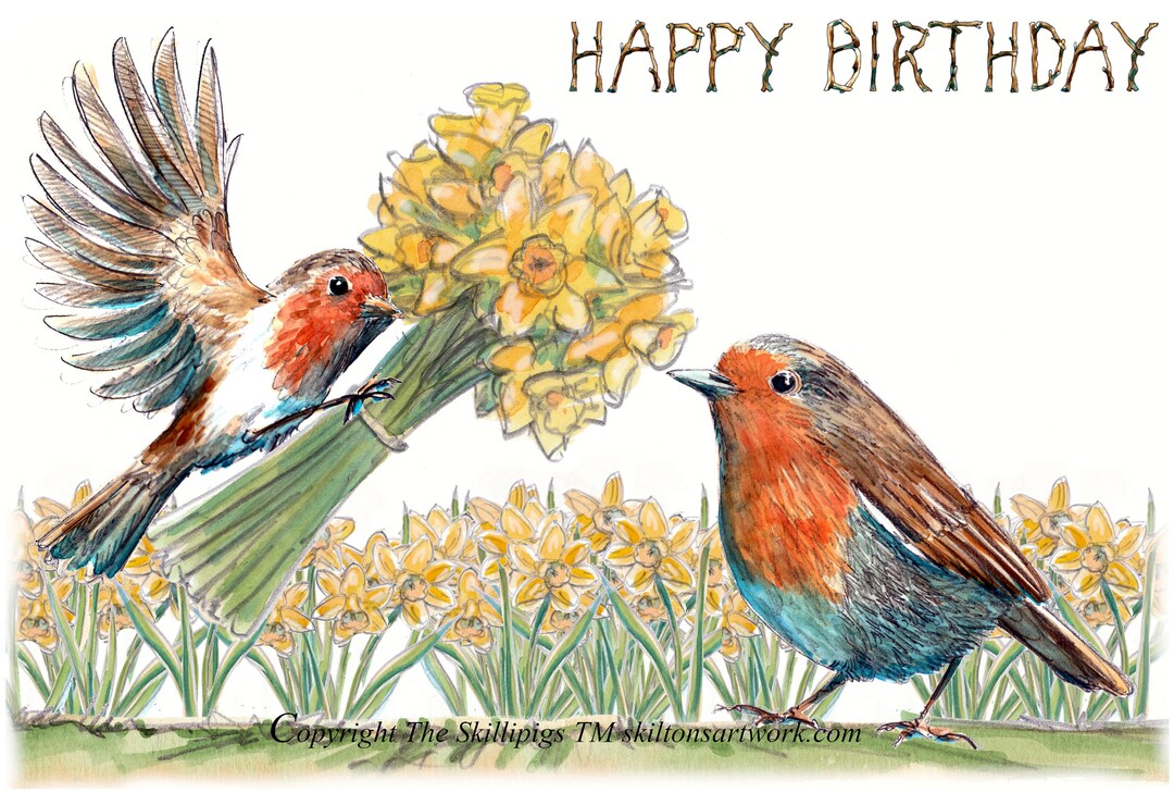 1967 Robin Birthday Card, Spring Daffodils, Watercolour Art - Etsy