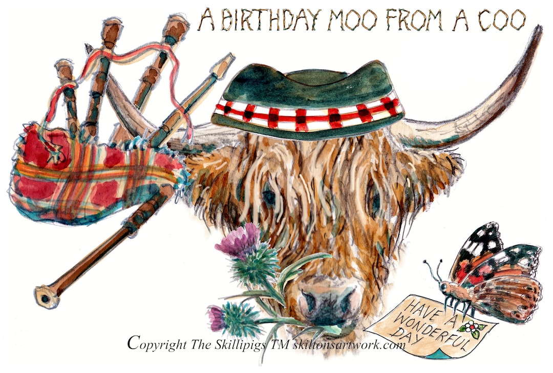 2572 Scottish HAPPY BIRTHDAY Highland Cow Card Saying, 'A Birthday Moo ...