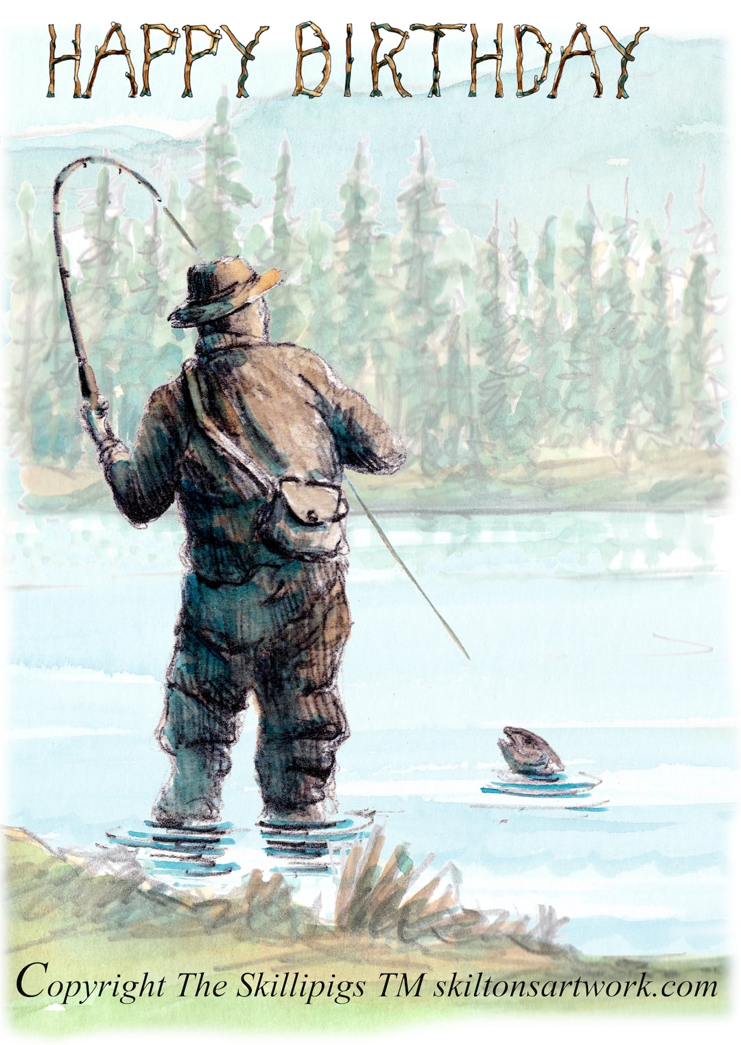 3028 Fishing Happy Birthday Card Fly Fishing Angler on a River or Lake ...