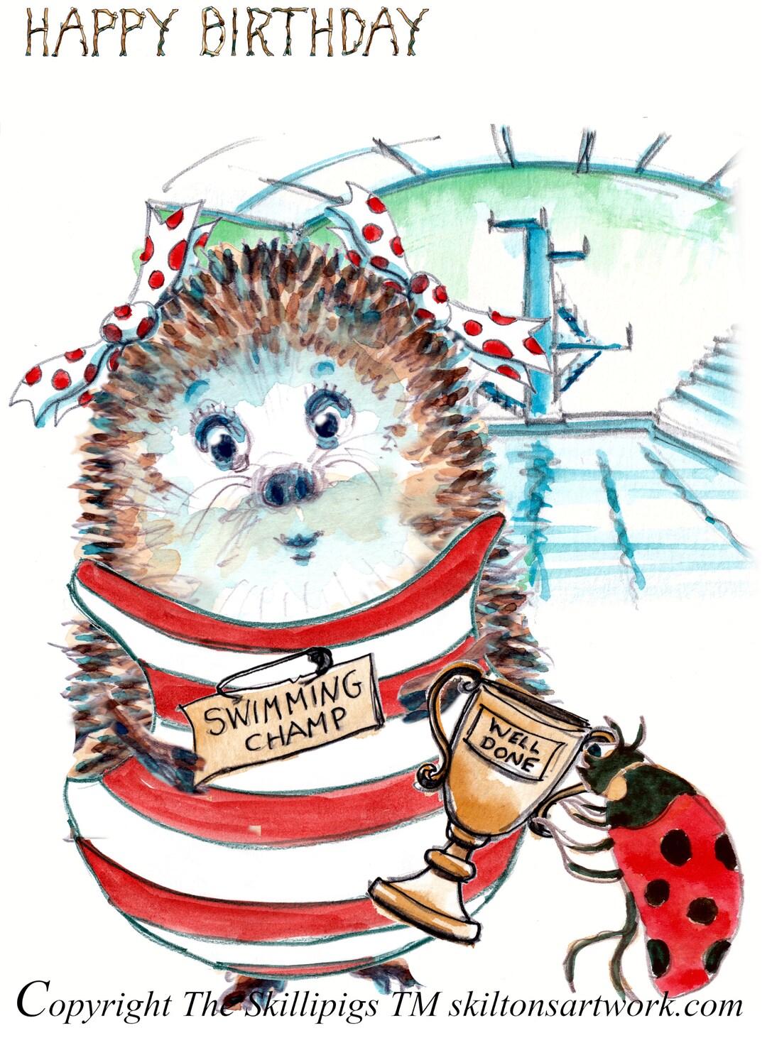 2791 Swimmer Birthday Card, Happy Birthday, Hedgehog Female a Swimming ...