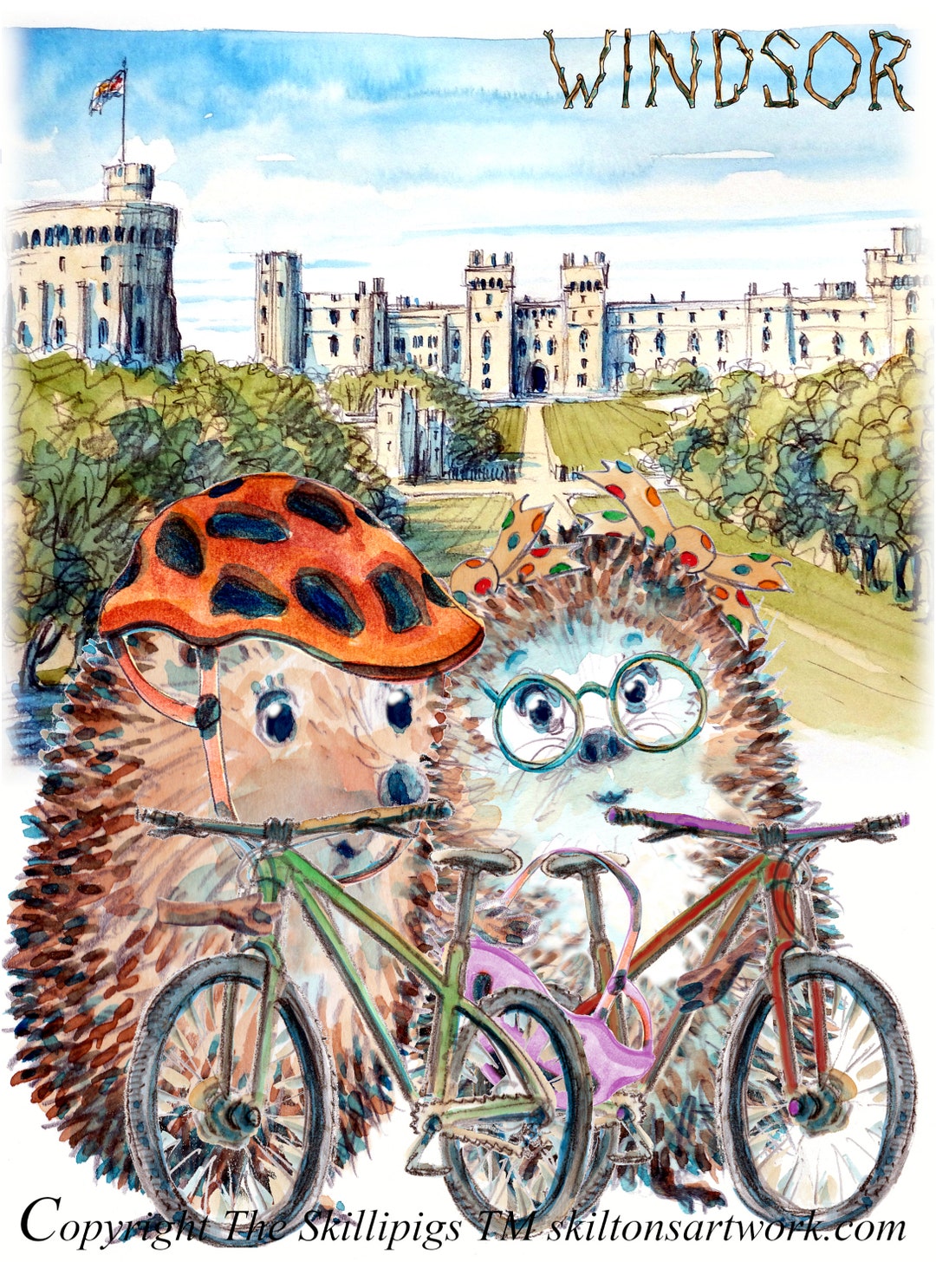 Bike Riding Card WINDSOR CASTLE, Hedgehog Cycling Pair Cyclists ...