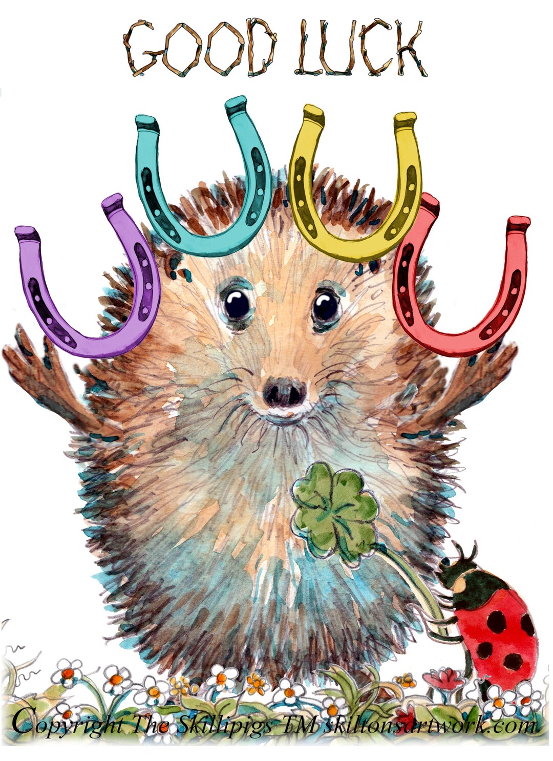 4025 Hedgehog GOOD LUCK Card Horse Shoes Coloured and Four Leaf Clover ...