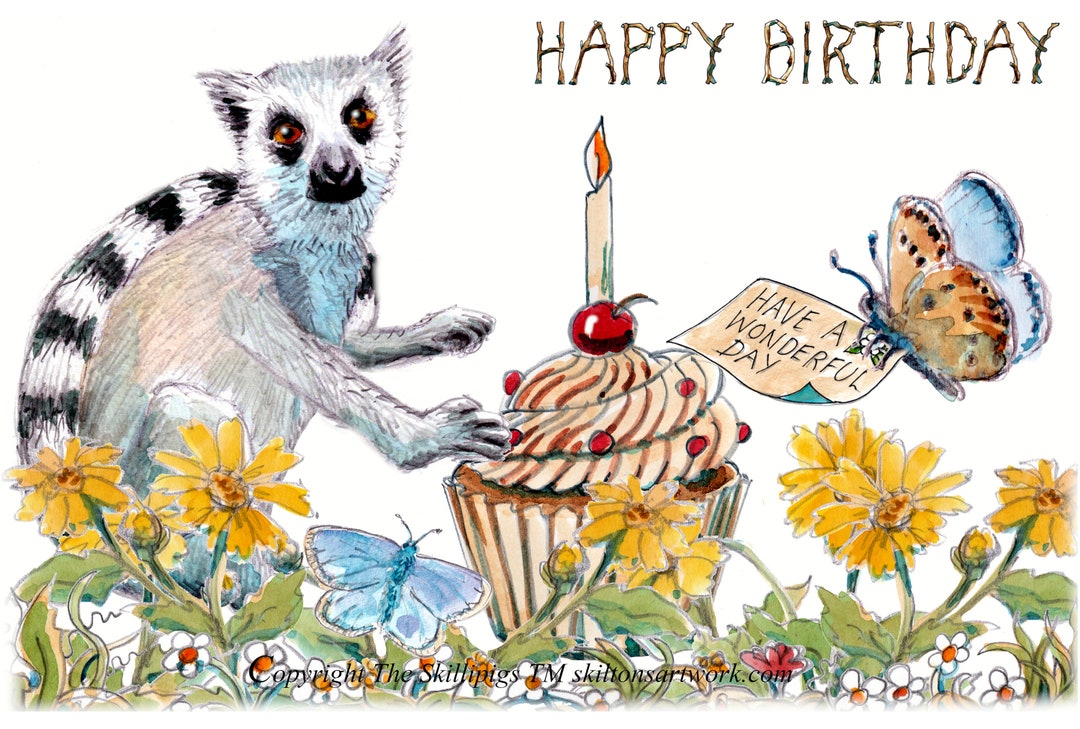 3556 Lemur HAPPY BIRTHDAY Card With a Ring-tailed Lemur and a Cake ...