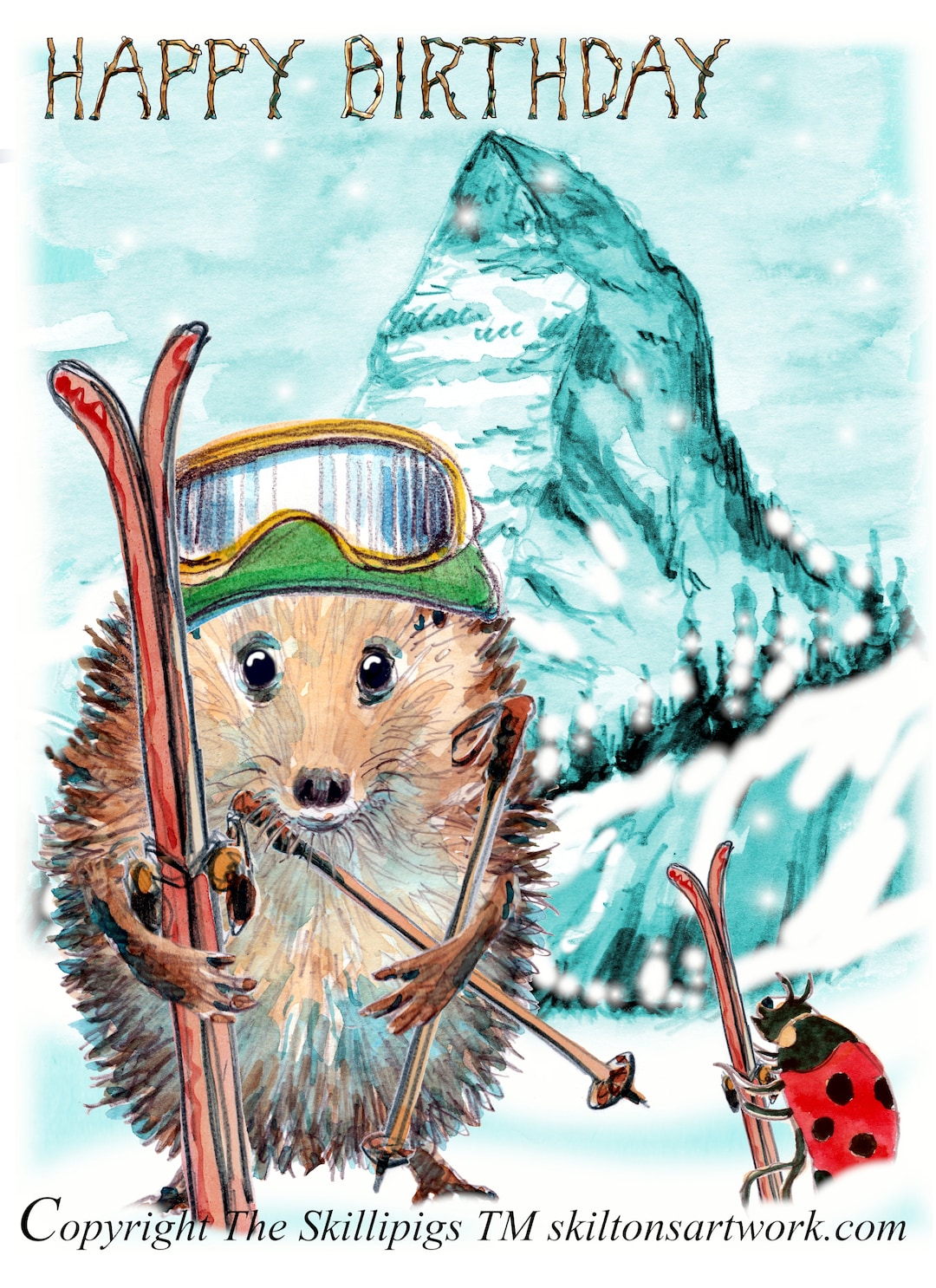 1952 Skiing Card HAPPY BIRTHDAY , Hedgehog Skiing in Snow Winter Sports ...