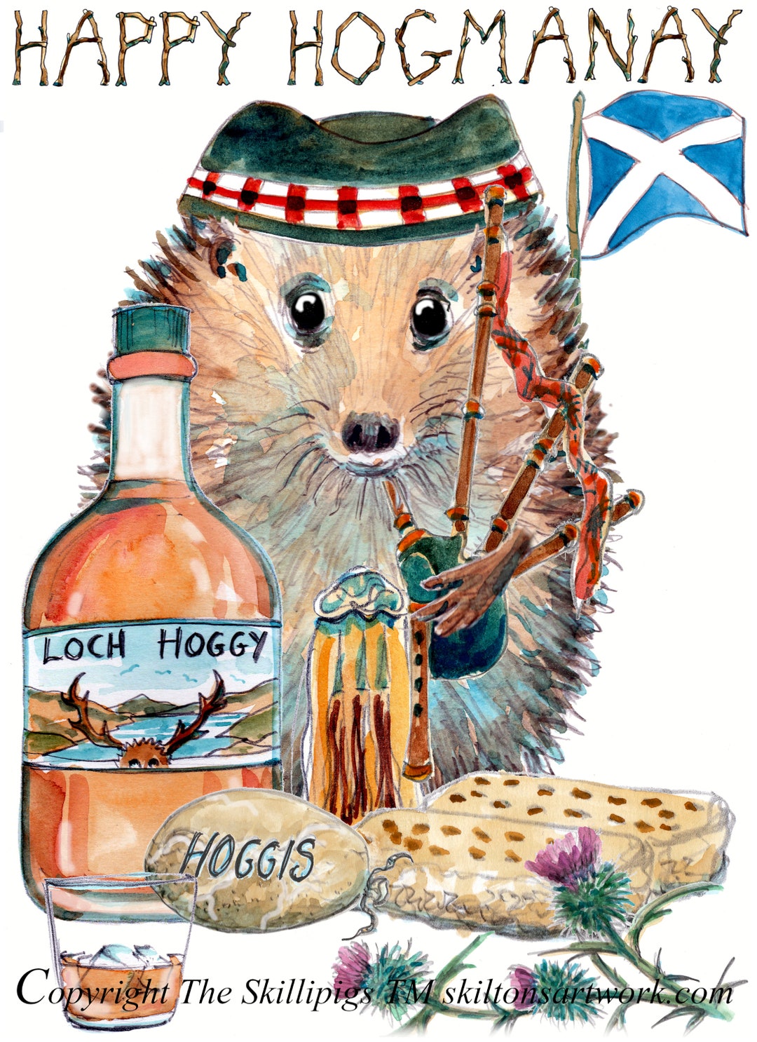 1444 Happy Hogmanay Greeting Card With Scottish Hedgehog Piper Haggis ...