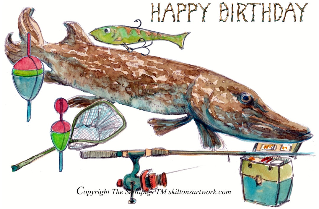 3064 Pike HAPPY BIRTHDAY Card Pike With Pike Fisherman Coarse Sport ...