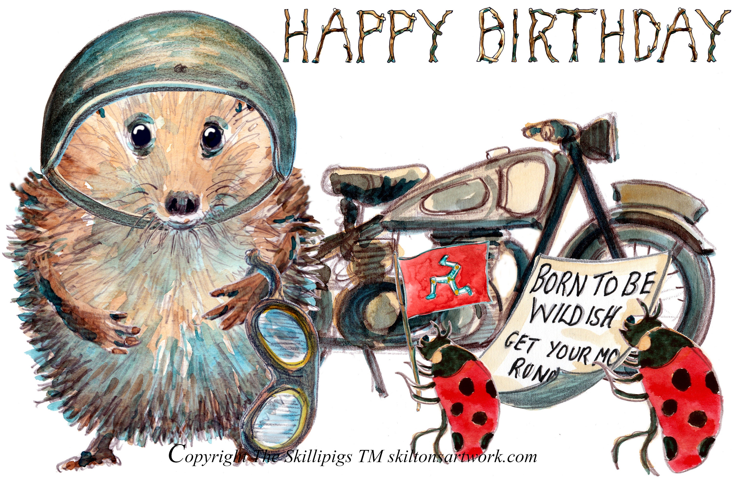 Happy Birthday Card With Motorbike, Manx Flag and Hedgehog TT Motorbike ...