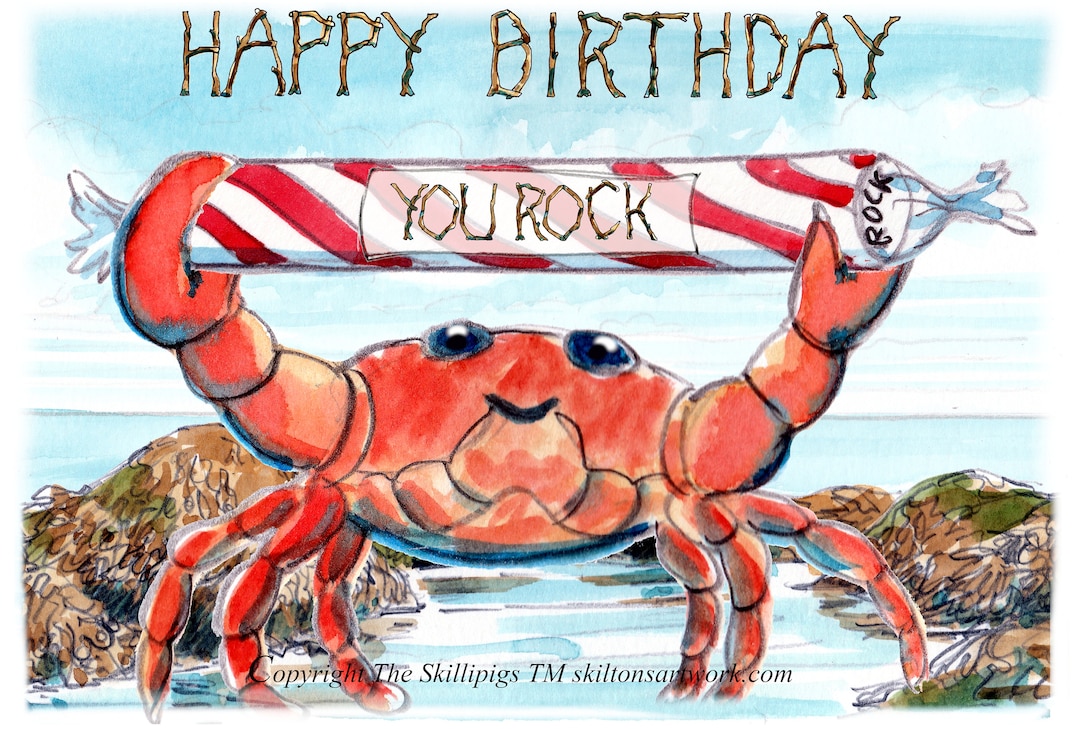 3580 Crab HAPPY BIRTHDAY Card. A Rockpool at the Seaside Holding a ...