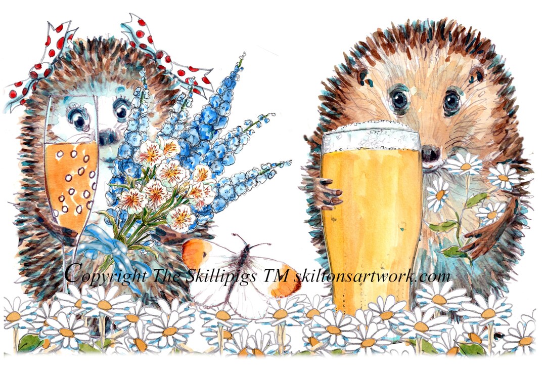 DRAFT 1 Lager Bubbly and Flowers Card Hedgehog Pair. Can Be ...