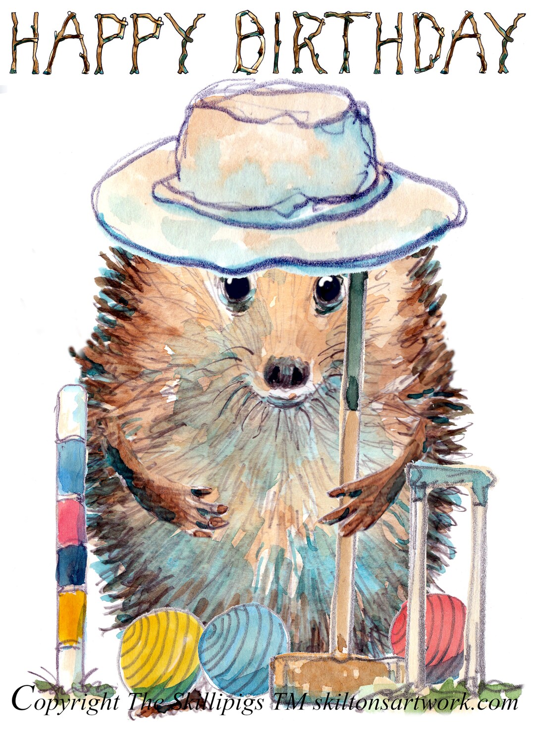 Croquet HAPPY BIRTHDAY Card, Male Player hedgehog With Mallet and Balls ...