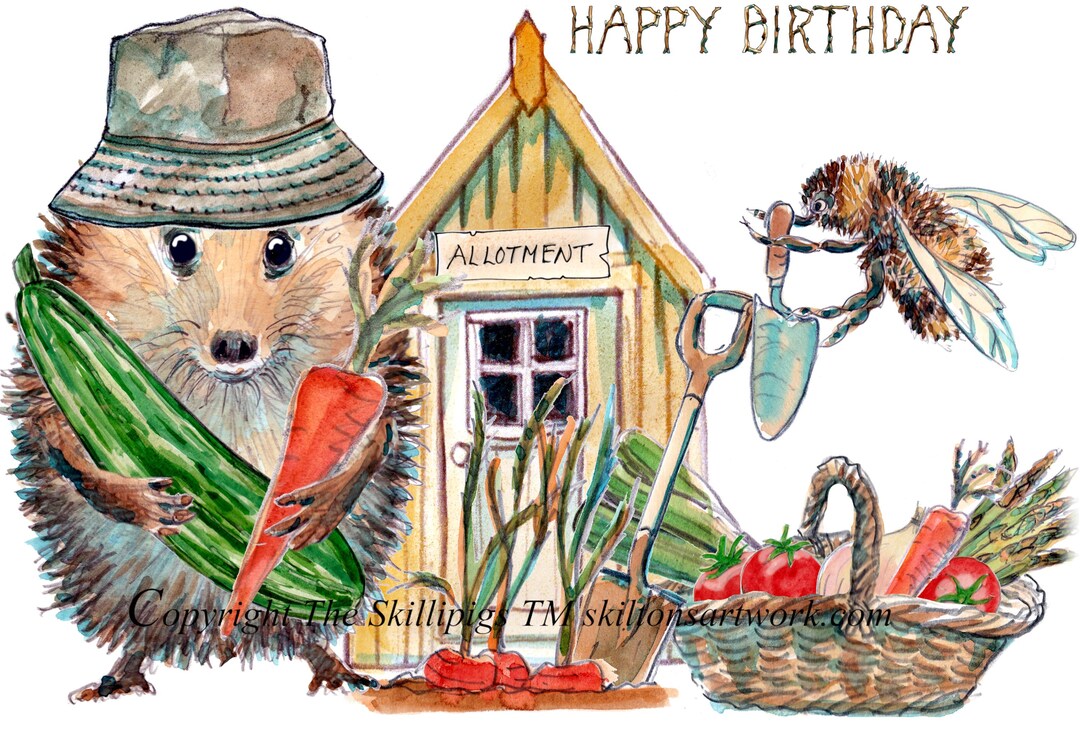 Allotment Birthday Card Happy Birthday With a Hedgehog Gardener With ...