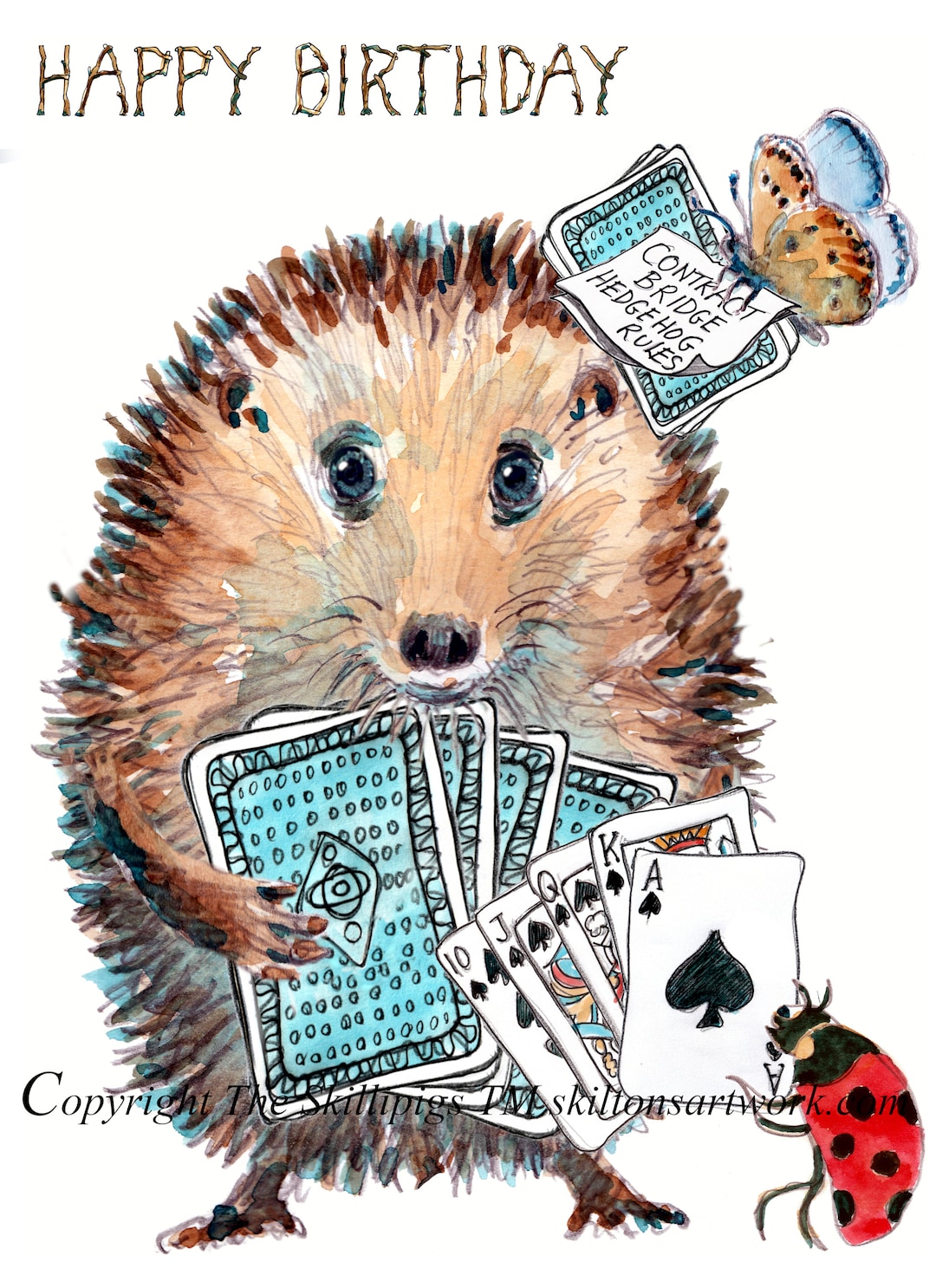 Happy Birthday Bridge Player Card. Contract Bridge Game With a Hedgehog ...
