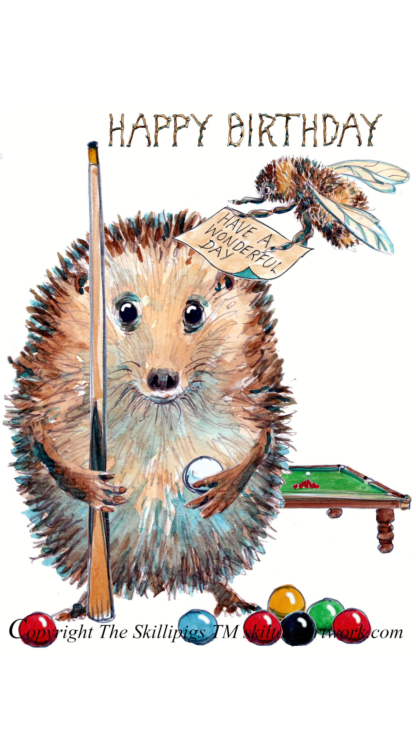 2910 Snooker HAPPY BIRTHDAY Card Snooker Player Hedgehog. Holding His ...