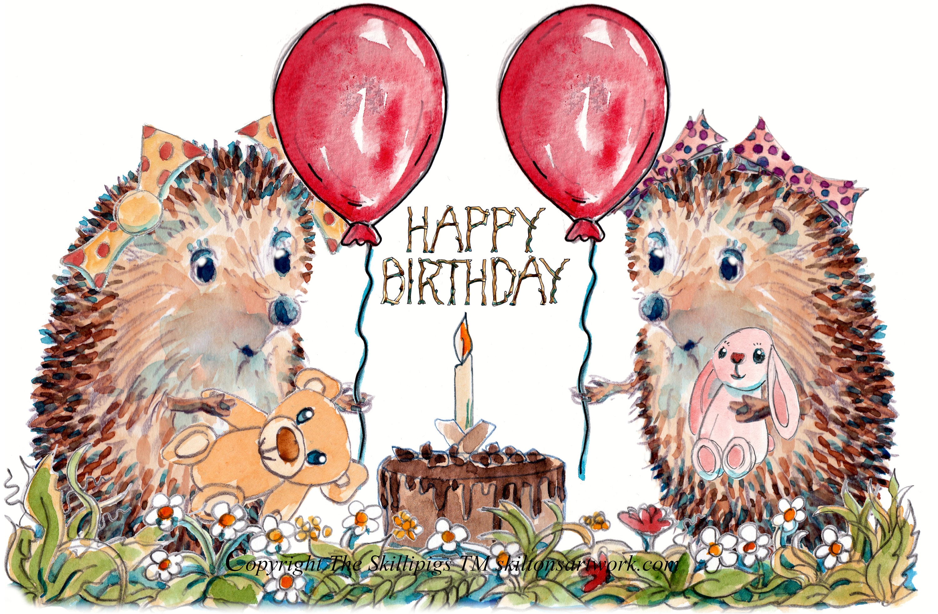Happy Birthday Twin Girls Card Hedgehog Pair With Teddies And Red Balloons Cake And Candles
