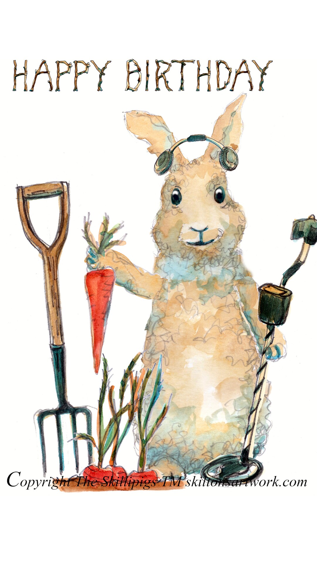 2694 Happy Birthday Detectorist Rabbit Happy Birthday Greeting Card ...