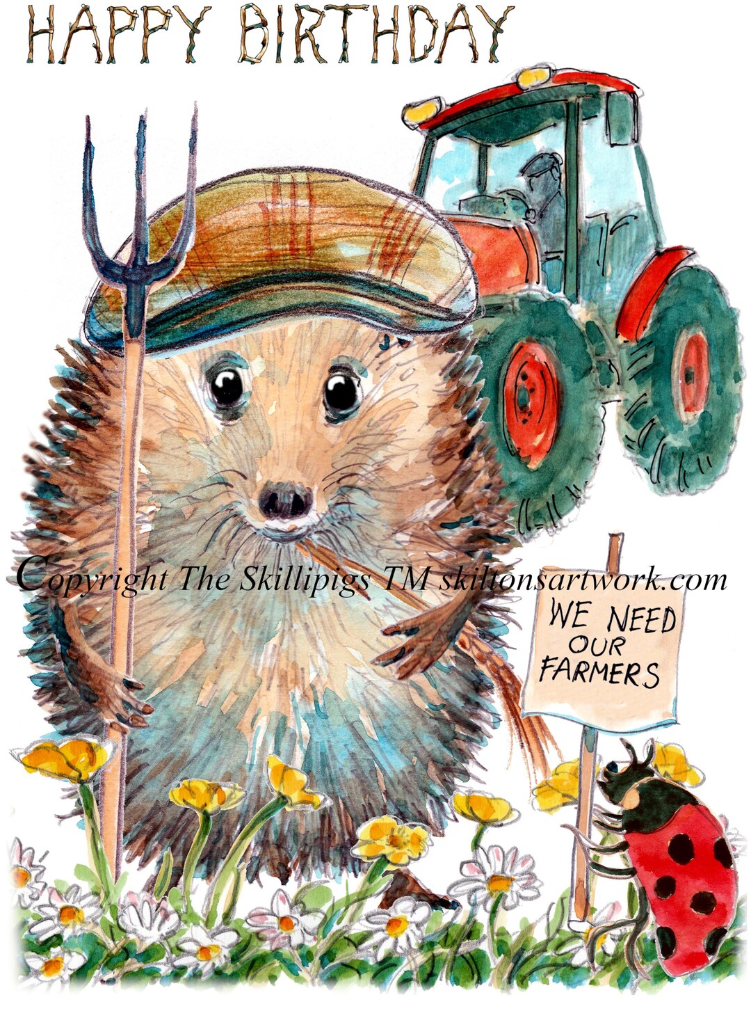 4284 Farmer Birthday Card Happy Birthday a Hedgehog Farmer Sucking ...