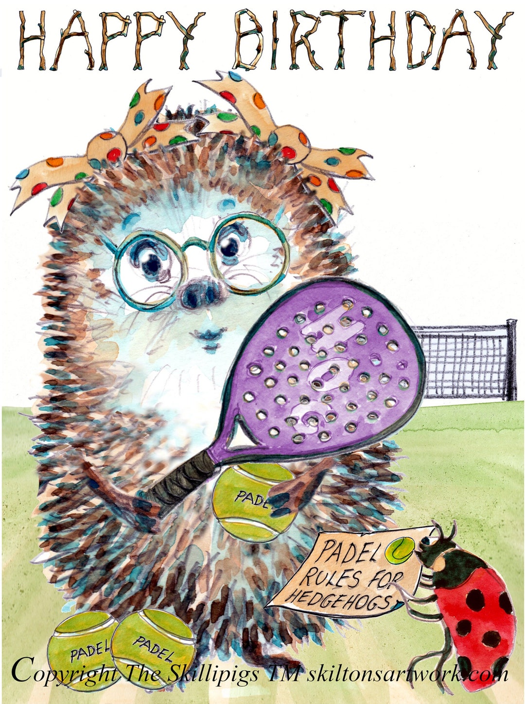 2944 Tarjeta de FELIZ CUMPLEAÑOS con pelota de pádel, jugadora en pista de hierba, erizo. Juego ...