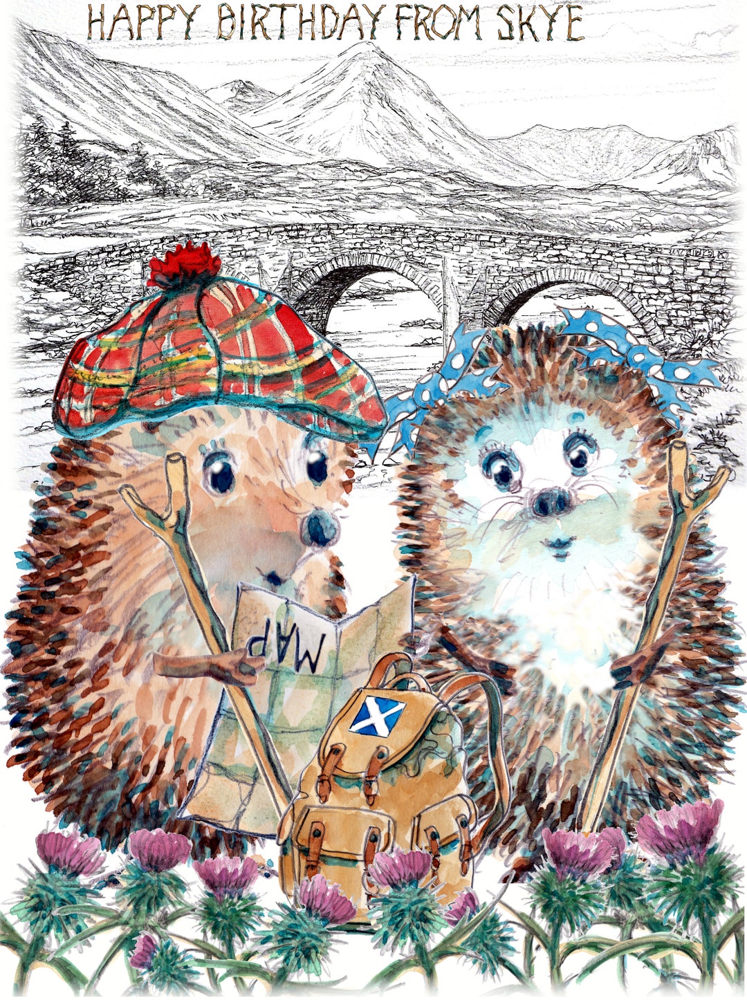 Scottish HAPPY BIRTHDAY Walking Card Sligachan Old Bridge, Hedgehogs ...