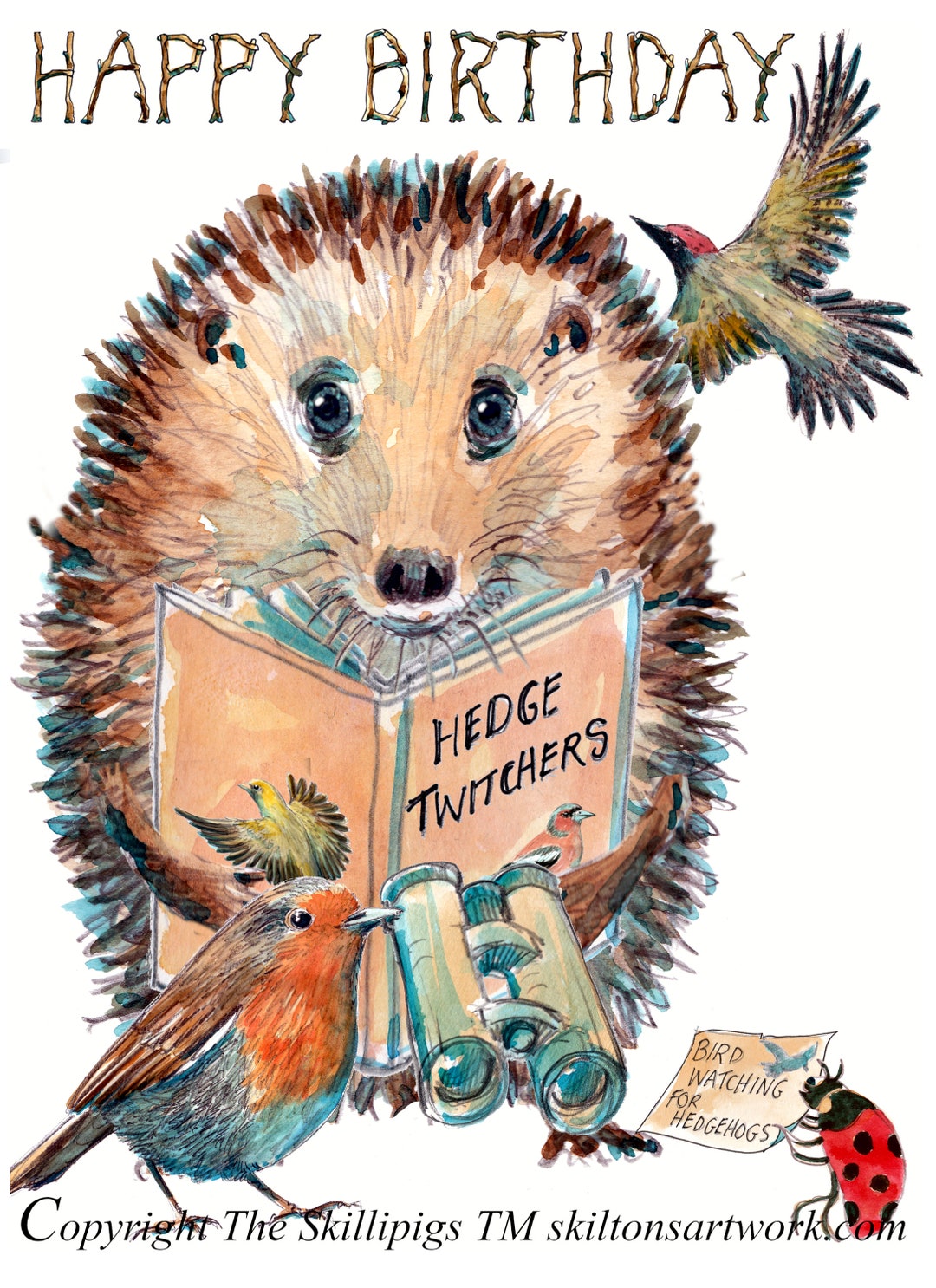 HAPPY BIRTHDAY Bird Watcher Card Twitcher With His Book. Male Hedgehog ...