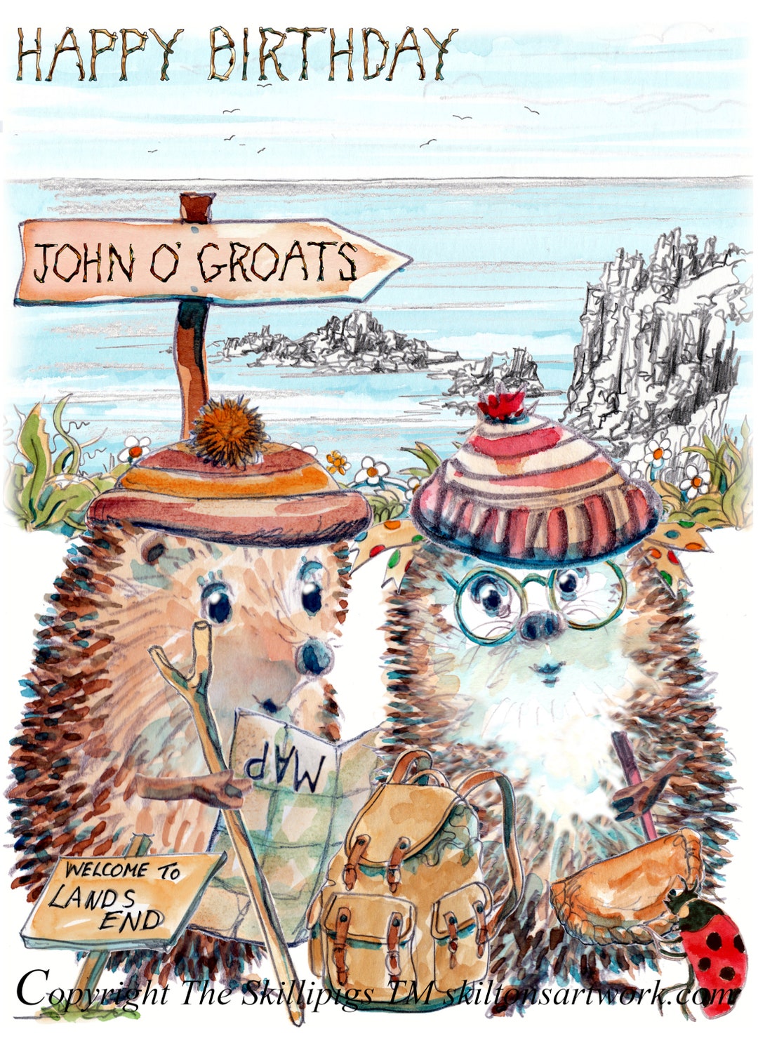 Happy Birthday Card of Hedgehog Walkers at Lands End Cornwall to John O ...