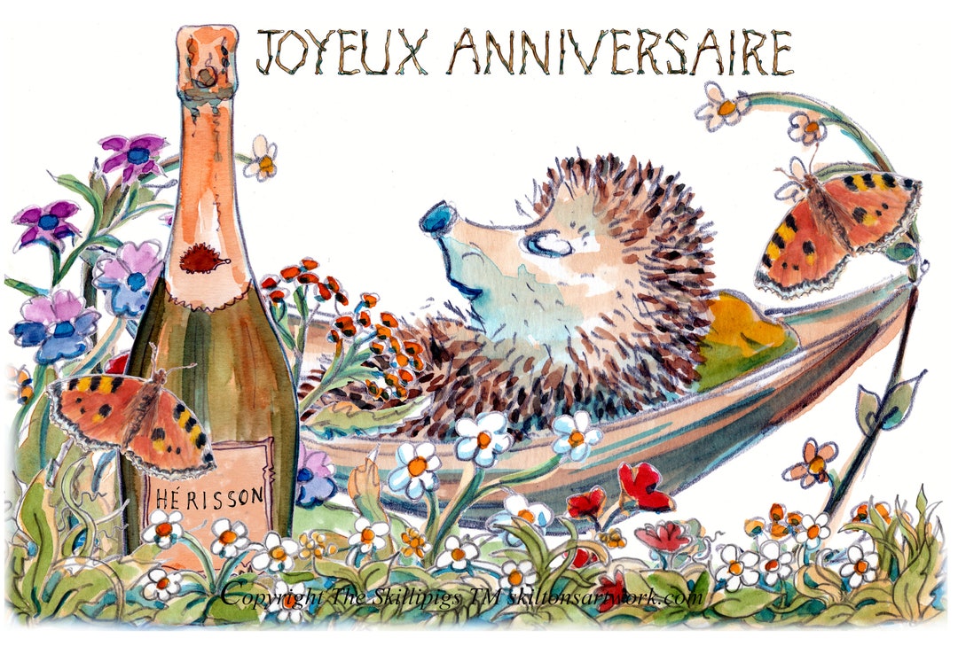 646 JOYEUX ANNIVERSAIRE French Happy Birthday Card In. Hedgehog ...
