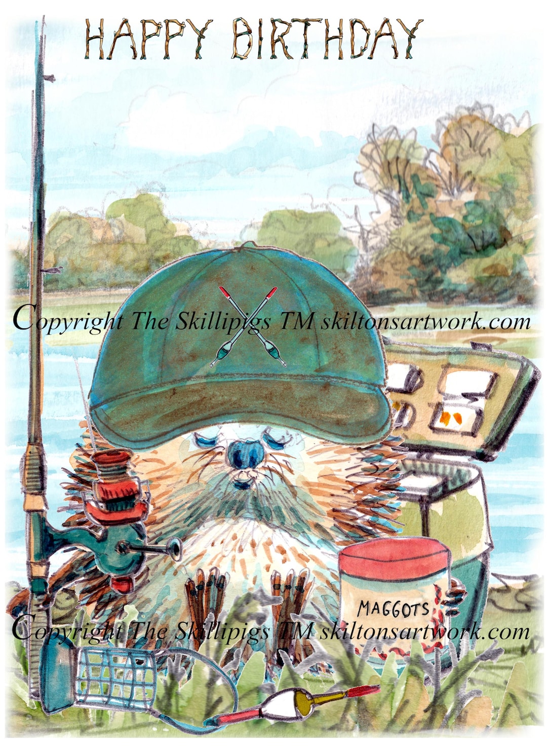 4836 Fisherman Angler Happy Birthday Card Hedgehog Fishing on a ...