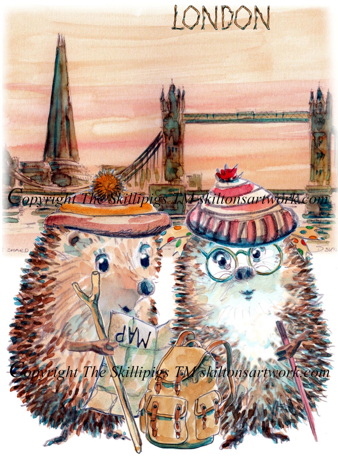 155 LONDON , Hedgehog Card, Tower Bridge and the Shard, Sunset Greeting ...