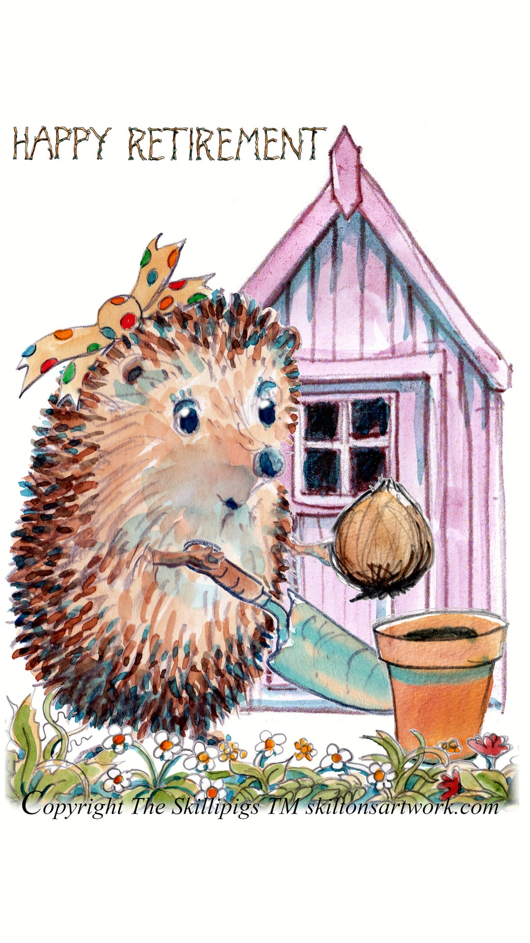 HAPPY RETIREMENT Card Hedgehog Gardener With Shed. Skillipig Greeting ...